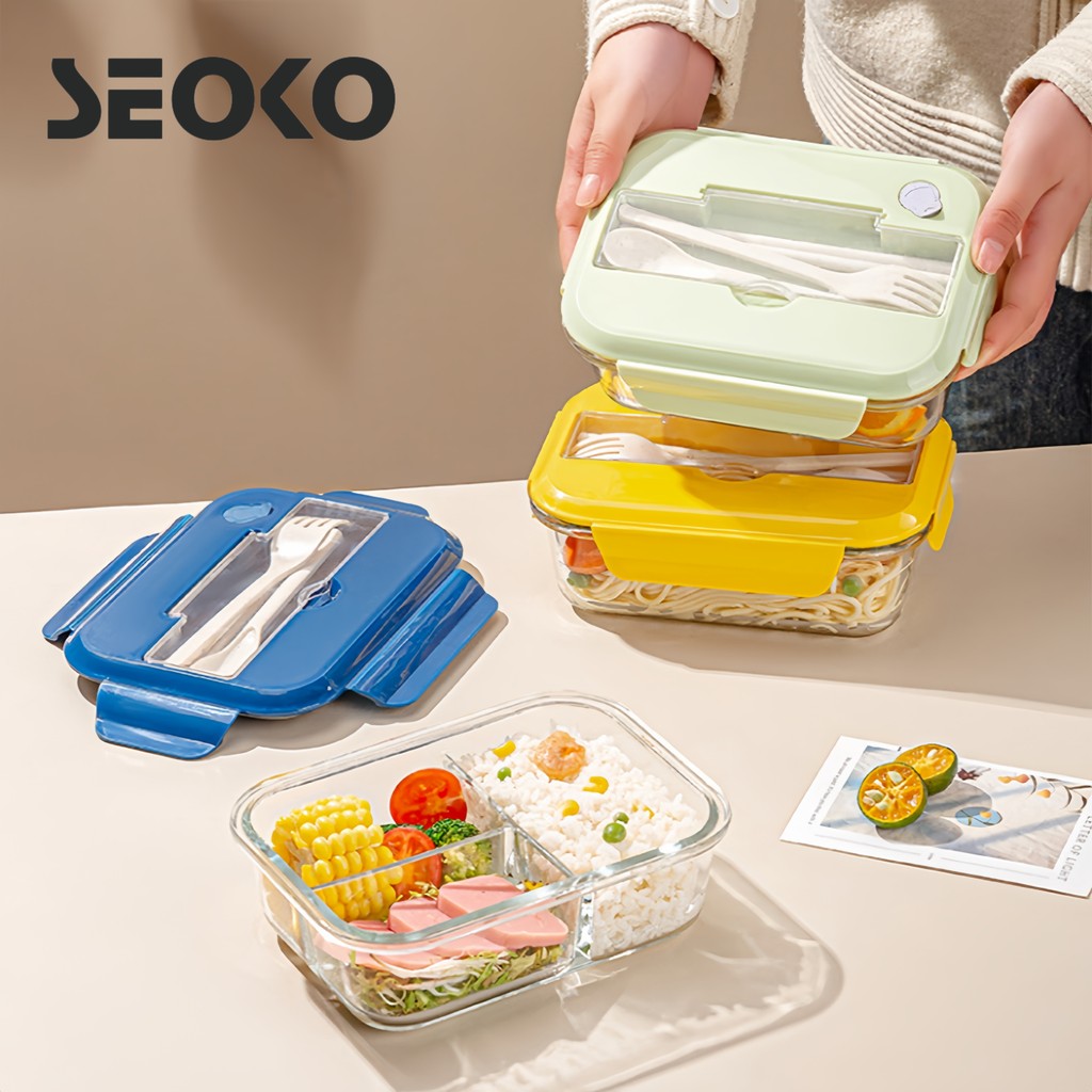 Rectangle Microwave Glass Food Container w Compartments Lunch Box Bekas ...
