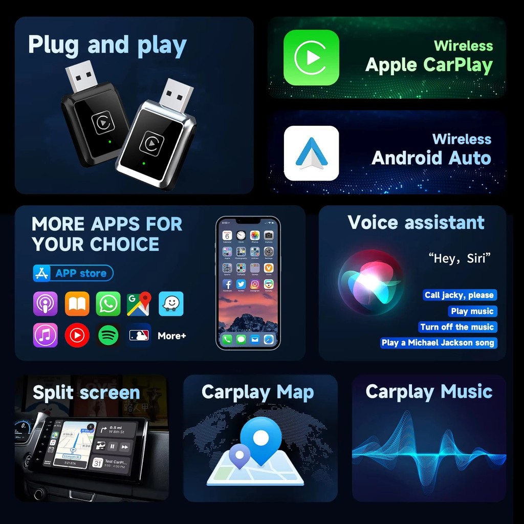 Wireless Carplay Android Auto Adapter 2 in 1 Mini Box Plug&Play CarPlay ...