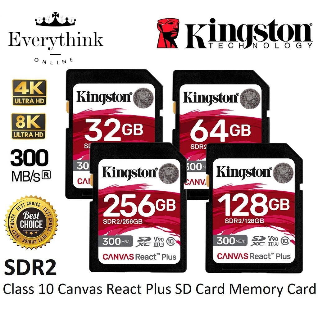 KINGSTON SDR2 CANVAS REACT PLUS CLASS 10 SD CARD MEMORY CARD FOR UHD-II 4K/8K PROFESSIONAL ...