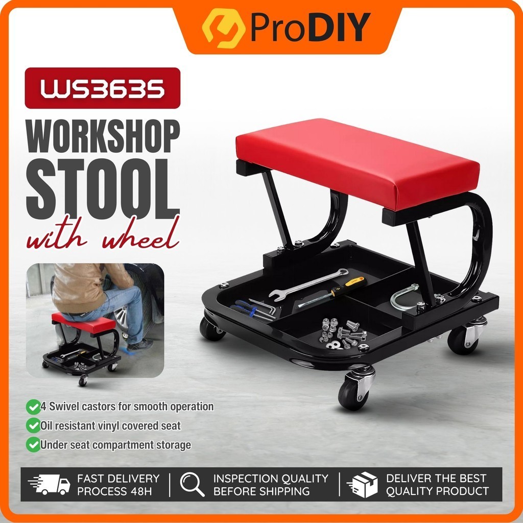 Workshop Mechanic Stool with Caster Wheel 360 Heavy Duty Cushion Tools Compartment Storage ...