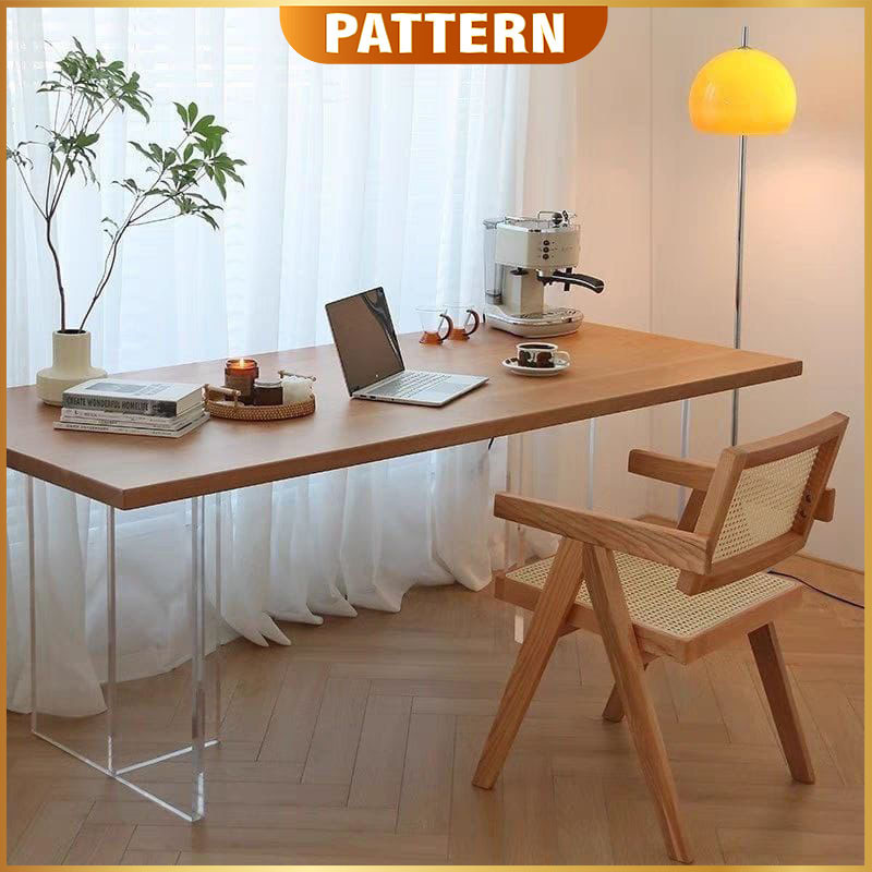 PATTERN Japandi Japanese Style Acrylic Floating Dining Table | Solid Wood Rattan Dining Table ...
