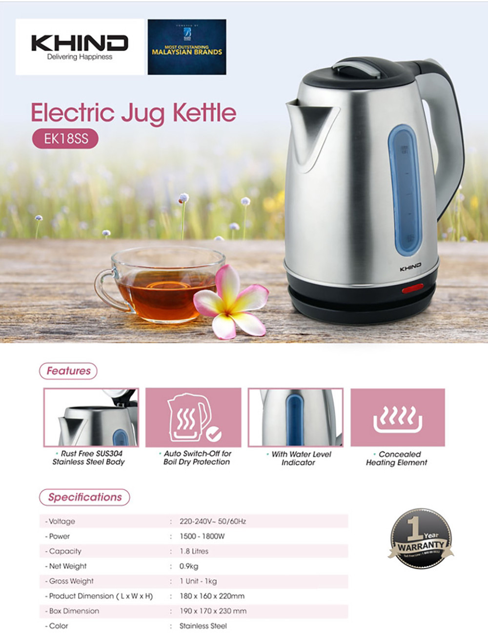 Khind 1.8 Liter Electric Jug Kettle EK18SS Water kettle | Shopee Malaysia