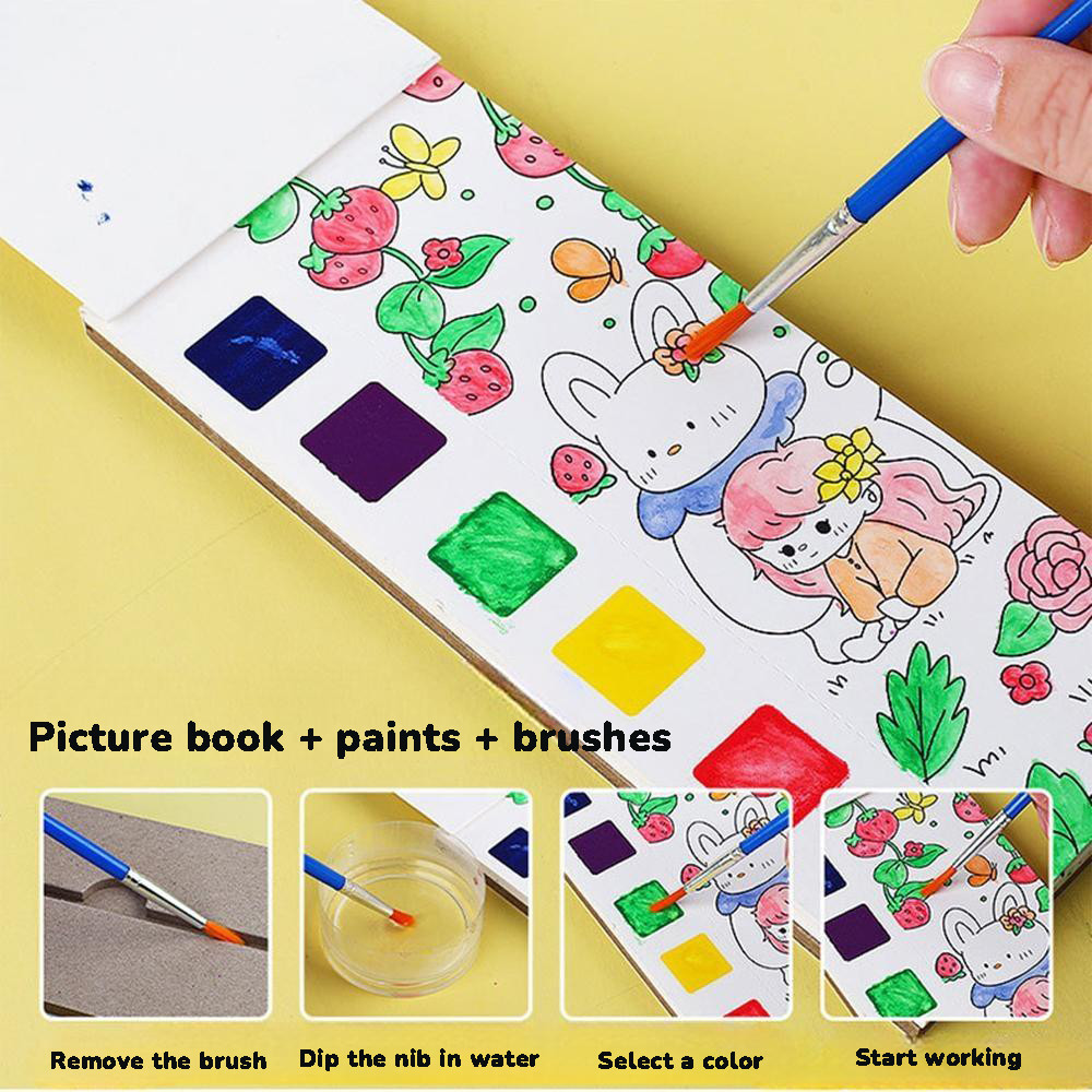 12 Sheet Watercolor Painting Coloring Book Set with Paint Brush Kids ...