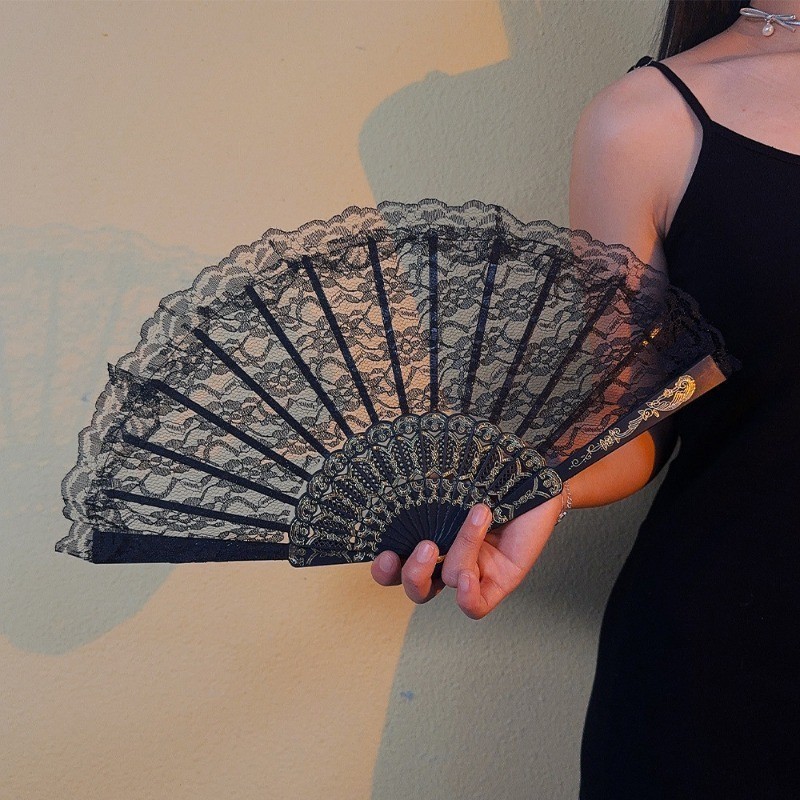 White Black Lace Art Craft Folding Fan - Chinese Style Costume Dancing ...