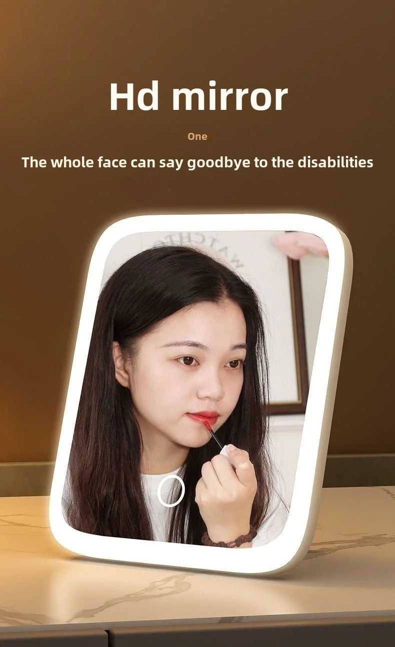 LED makeup mini mirror with stand desktop folding compact white square ...