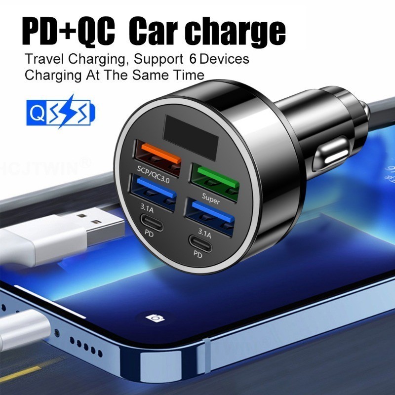 6 In 1 Car Charger - Mini Charge Adapter - 4USB+2PD Multi Port - LED ...
