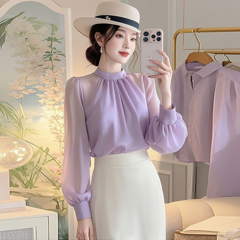Korean Chic Elegant Purple Commuter Chiffon Blouse Women Puff Long ...
