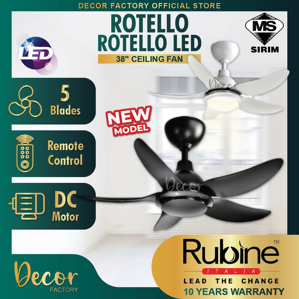RUBINE Fan RUBINE ROTELLO Series 38" 5 Blades DC Motor With 6 Speed+6 ...
