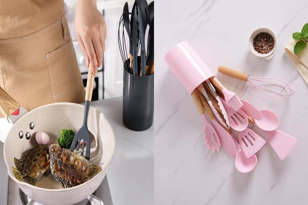 SUNFA Ergonomic Wooden Handle Cooking Utensils Silicone Kitchen Utensil ...