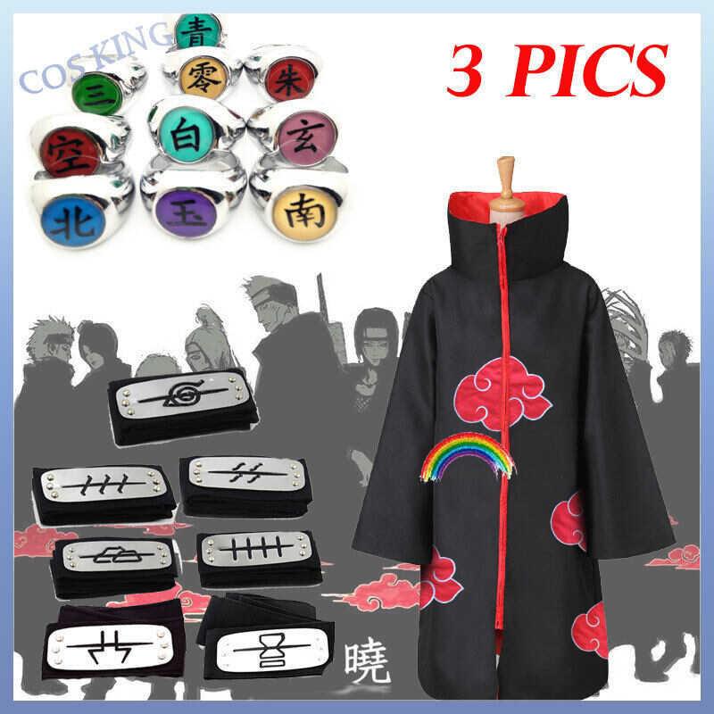 xii Cosking 3 Pcs Set Naruto Costume Akatsuki Cloak Cosplay Sasuke ...