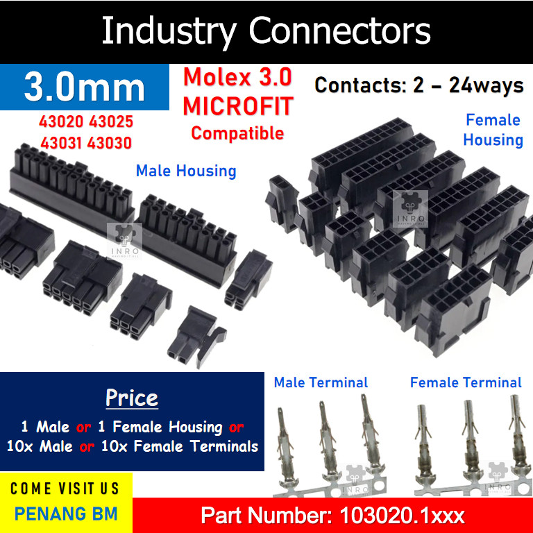 (Male or Female Housing) [Price = 1 unit] 3.0mm Compatible Molex Micro-Fit 3.0 Connector Molex ...