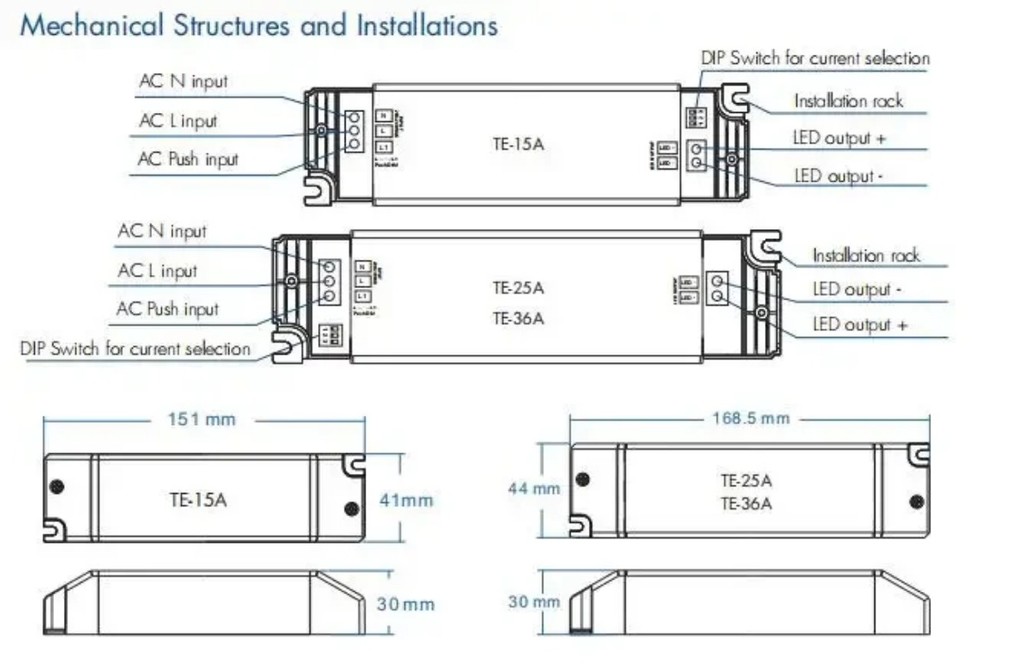 TE-15A/25A/36A Led Triac Dimming Driver 200-240V Input,Output 15-36W 150-1200mA Constant Current ...