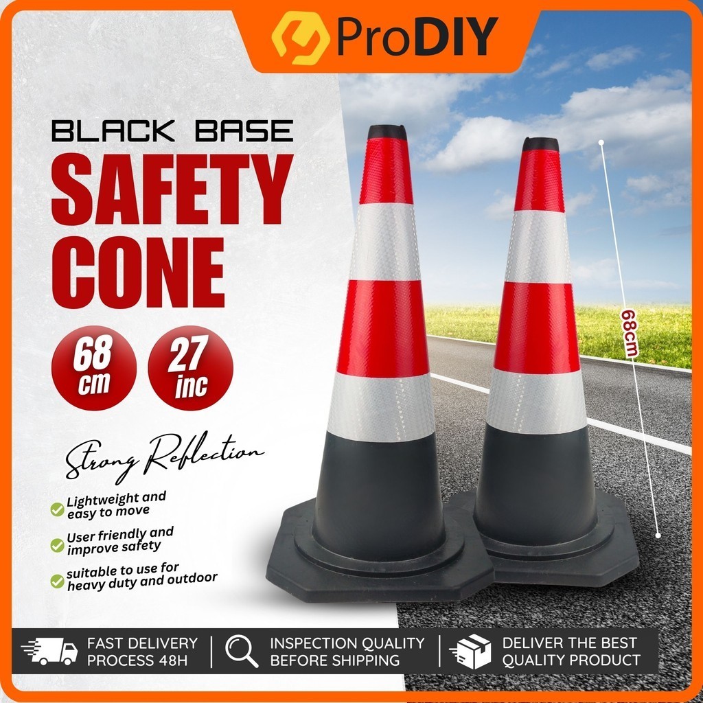 68CM Safety Cone Double Line Reflective Sticker Black Base Rubber ...