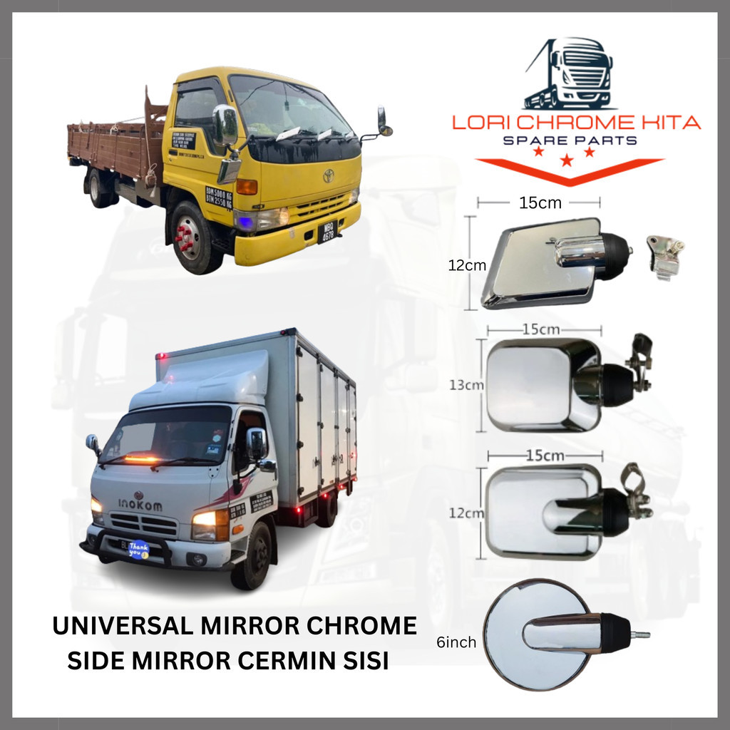 LORI CHROME KITA UNIVERSAL CHROME SIDE MIRROR CERMIN SISI TEPI LORRY ...