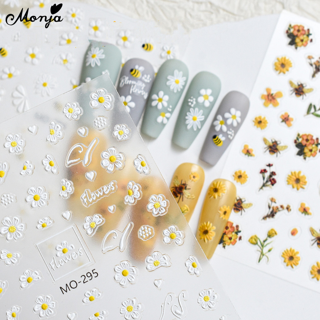 Monja 3D Embossed Yellow Flower Bee Nail Stickers Relief Self-adhesive ...