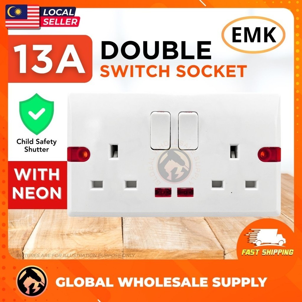 13A 250V DOUBLE SWITCH SOCKET WITH NEON 2 Way White Switch Socket ...