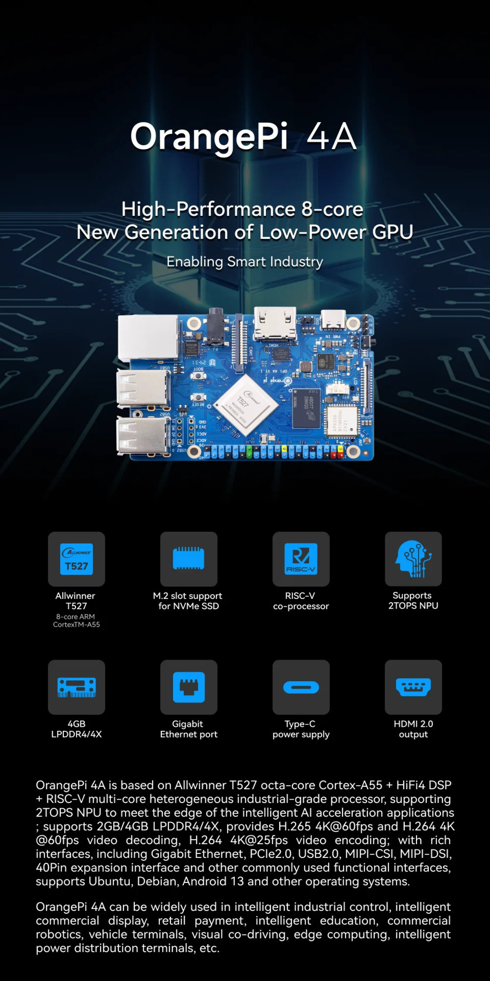 Orange Pi 4A 4GB RAM + 64GB eMMC Module Single Board Computer Allwinner ...