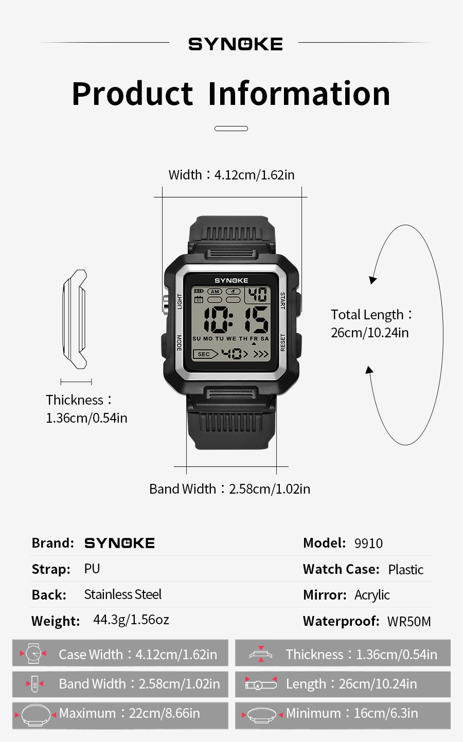 SYNOKE Men Watch Square Large Screen Sports Fashion Luxury Casual ...