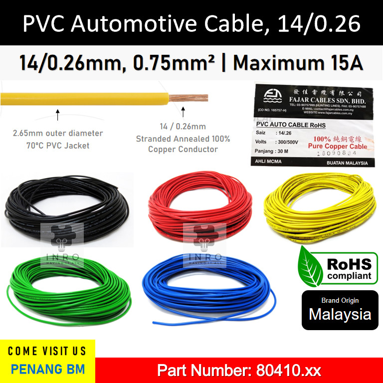 [1 meter] Fajar Cables Wayar 14/0.26 14/0.26MM (0.75mm²), 18 AWG, Car ...
