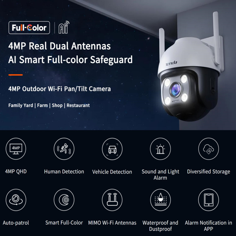 Tenda Latest 4MP/2MP Ai Smart F1.6 Lens Auto Patrol Outdoor Wireless ...
