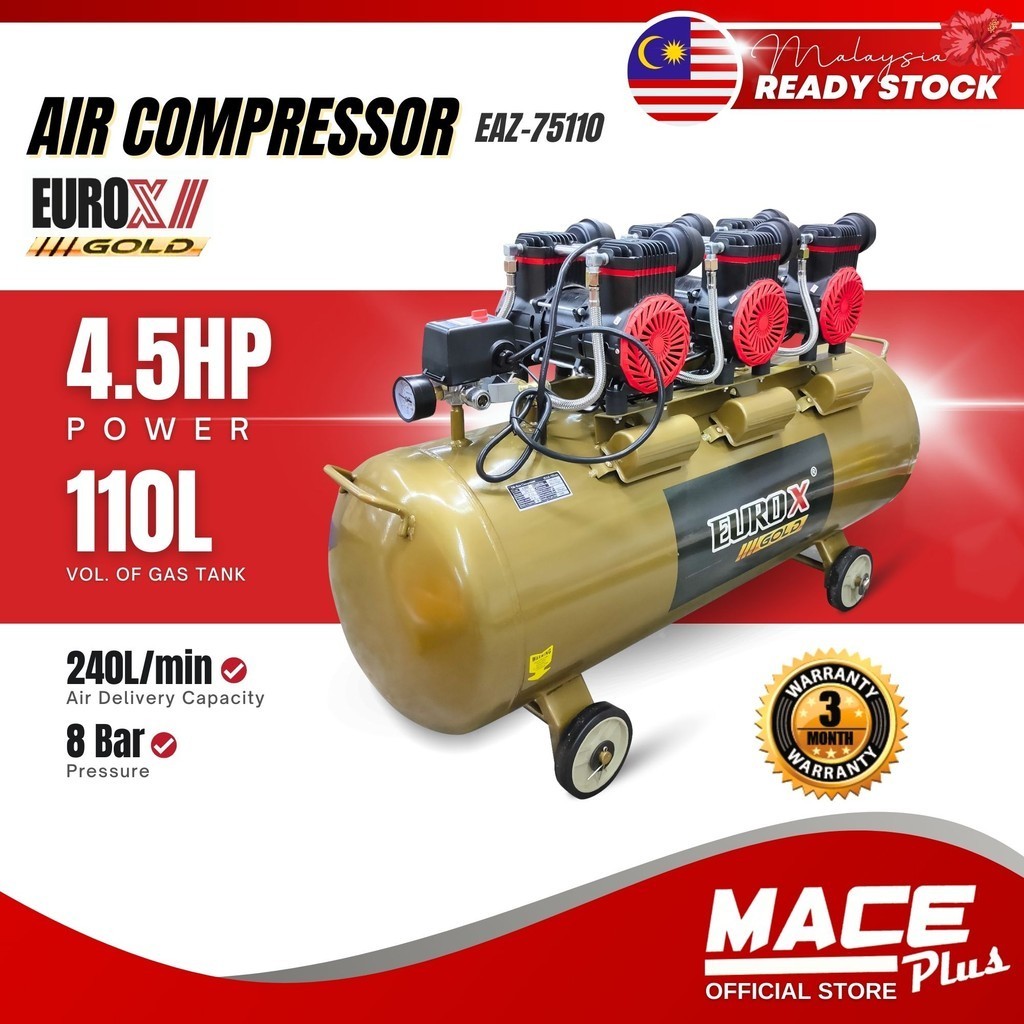 EUROX GOLD Air Compressor 110L 4.5HP 8Bar 230v 2850rpm Oilless Air Compressor Kompressor Angin ...