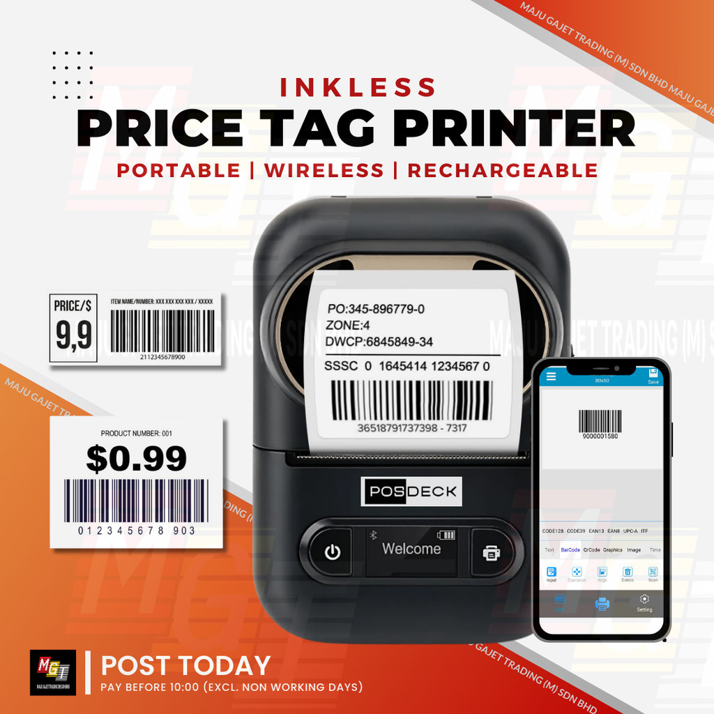 POSDECK Bluetooth Price Tag Label Printer Barcode Machine Sticker Mesin ...