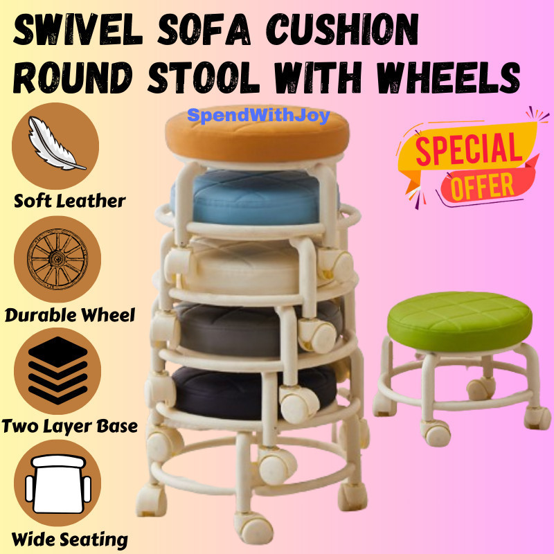 SpendWithJoy Small Chair Round Stool With Sofa Cushion Foot Pulley ...