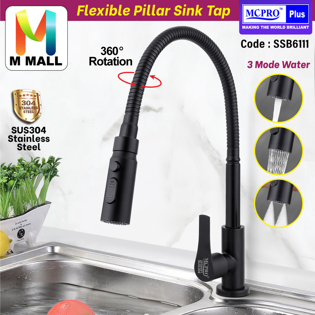 MCPRO SUS304 Stainless Steel Kitchen Faucet BLACK Flexible Pillar Sink ...