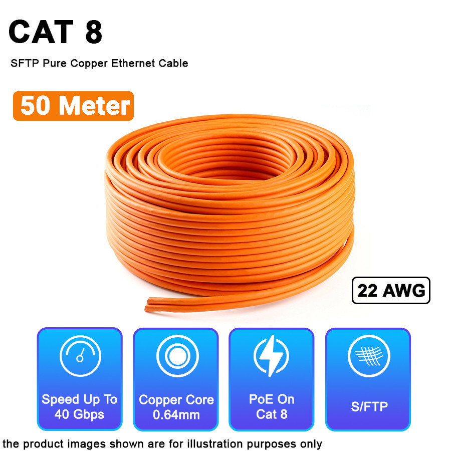 Cat8 50M Ethernet Cable Lan Wire SFTP Pure Copper 22AWG 2000MHz 40Gbps ...