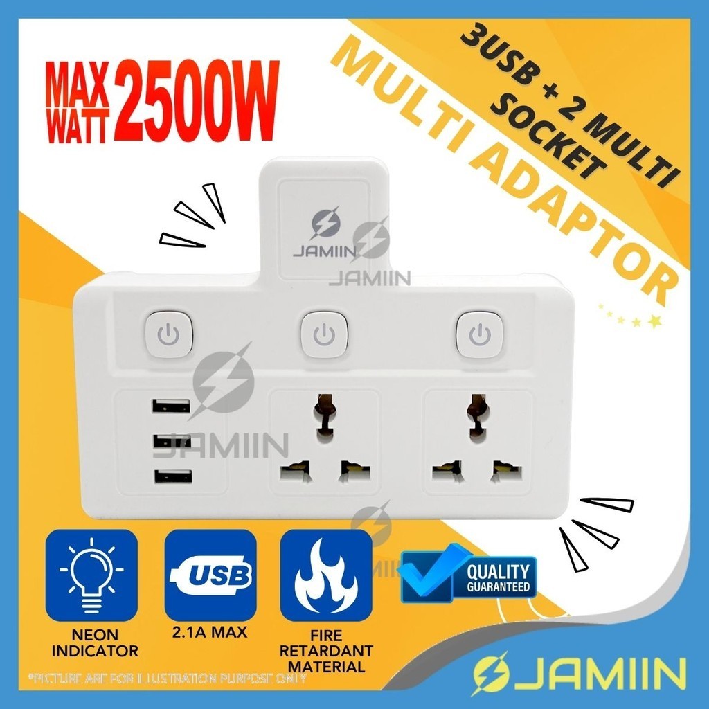 UNS-3K2U 3USB + 2 Multi Socket T-ADAPORT 2.4A USB Universal Extension ...