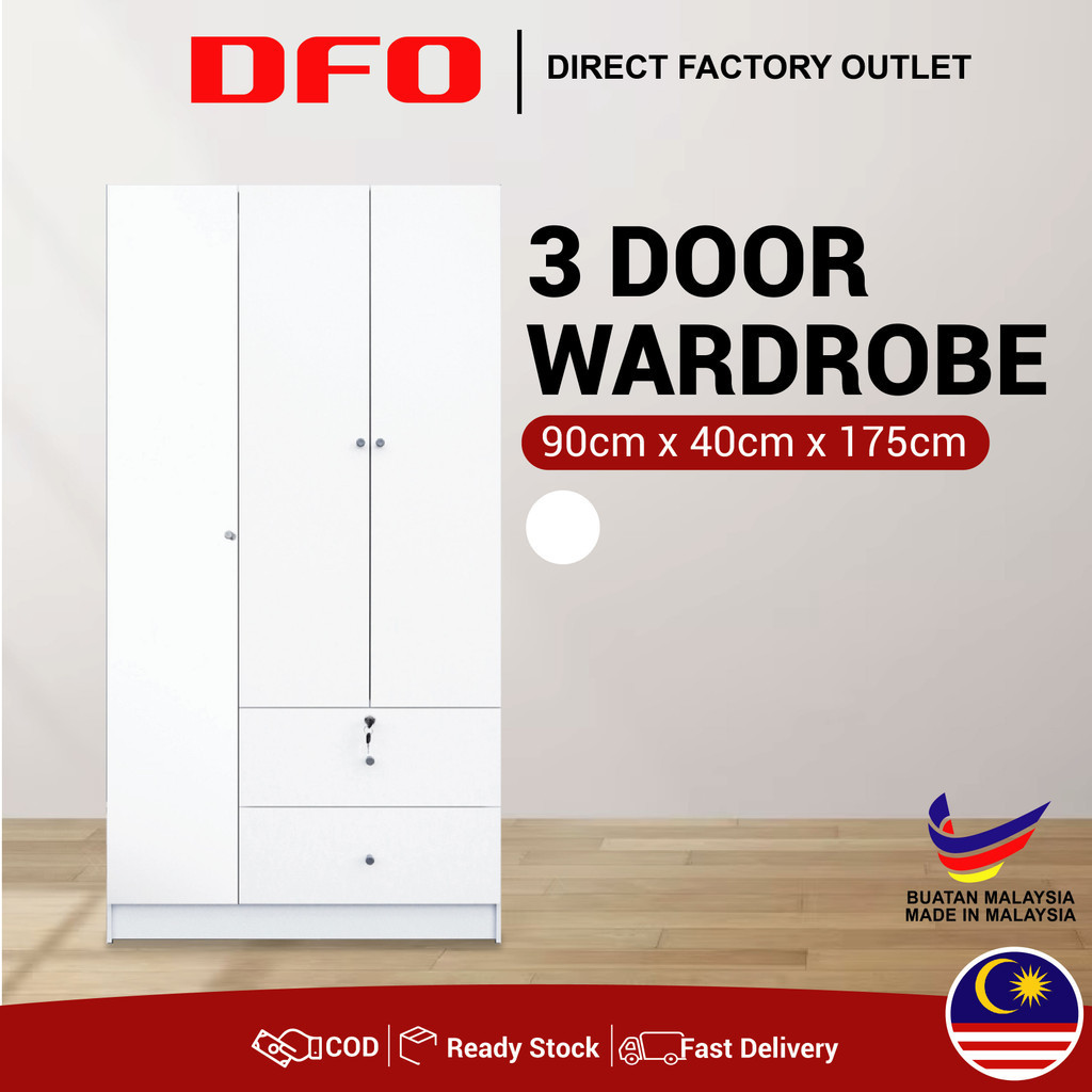 DFO 3 Door Wardrobe with 2 drawers/wardrobe with lock/Almari Baju/ Almari Pakaian 2 laci ...