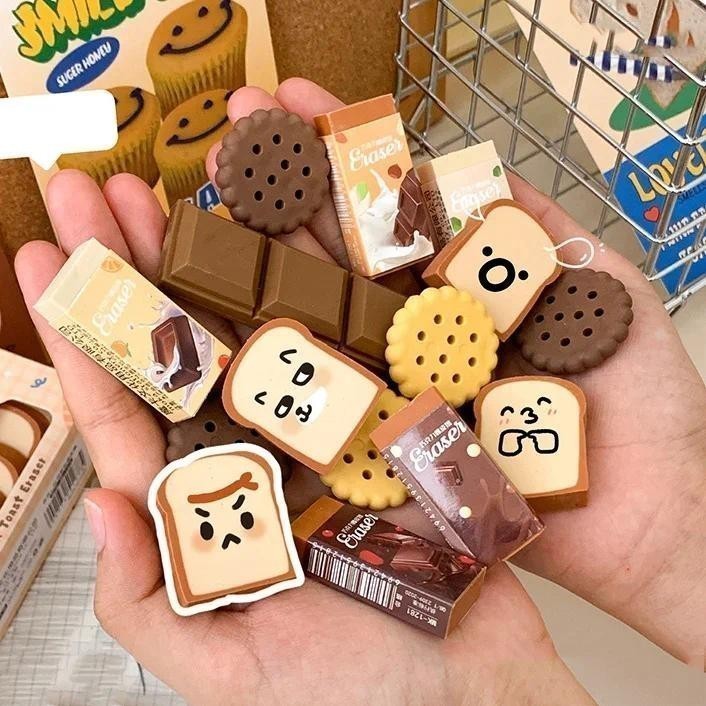 JIANWU Cartoon Simulated Chocolate Biscuit Toast Shaped Eraser Set Creative DIY Journal Student ...