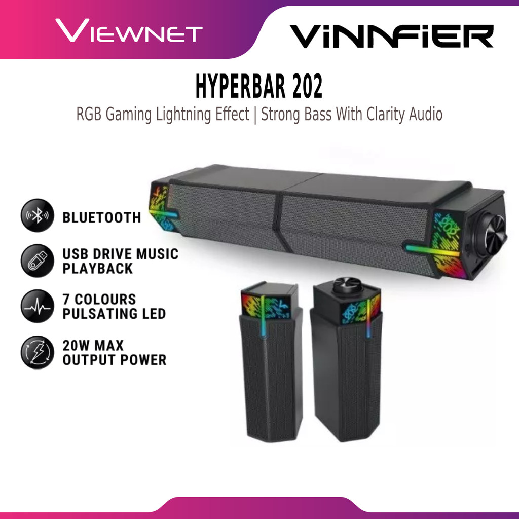 VINNFIER HYPERBAR 202 GAMING STEREO SOUND BAR USB AUDIO SYNC SPEAKER ...