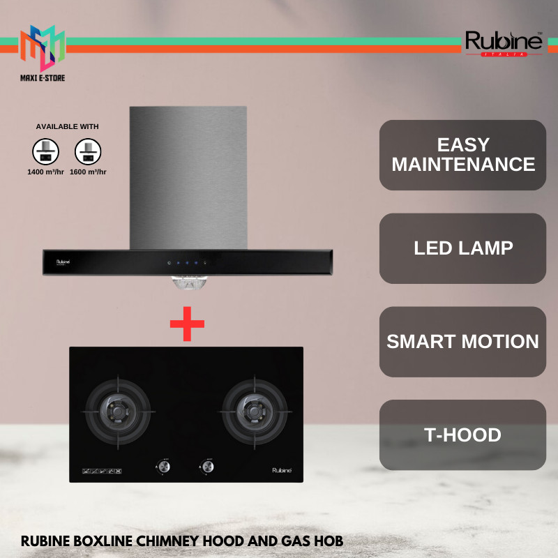 Rubine RCH-BOXLINE XR-90SS Chimney Hood 90cm Gas Hob 2 Burner ...