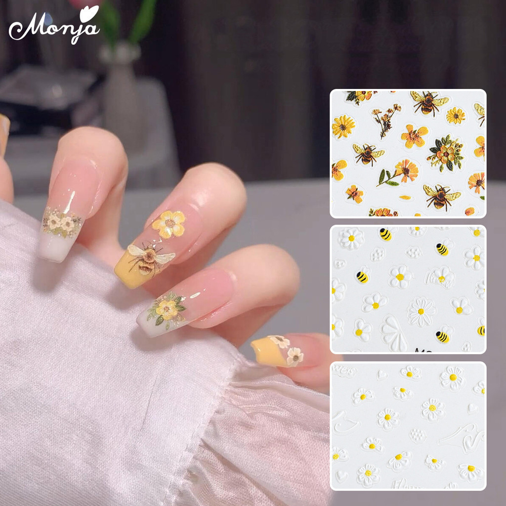 Monja 3D Embossed Yellow Flower Bee Nail Stickers Relief Self-adhesive ...