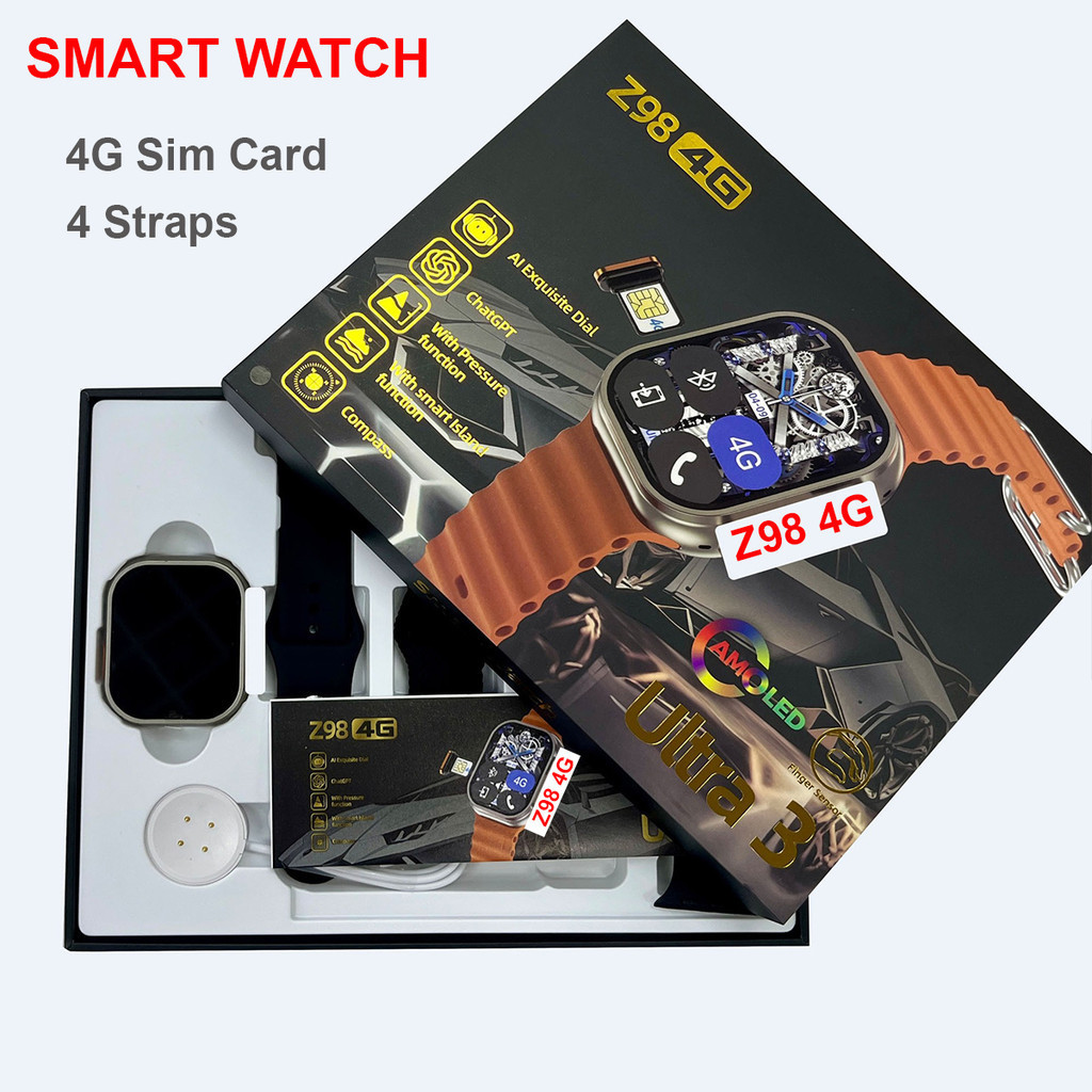 4G Sim Card Smart Watch Amoled Touch Screen Smartwatch with 4 Straps ...
