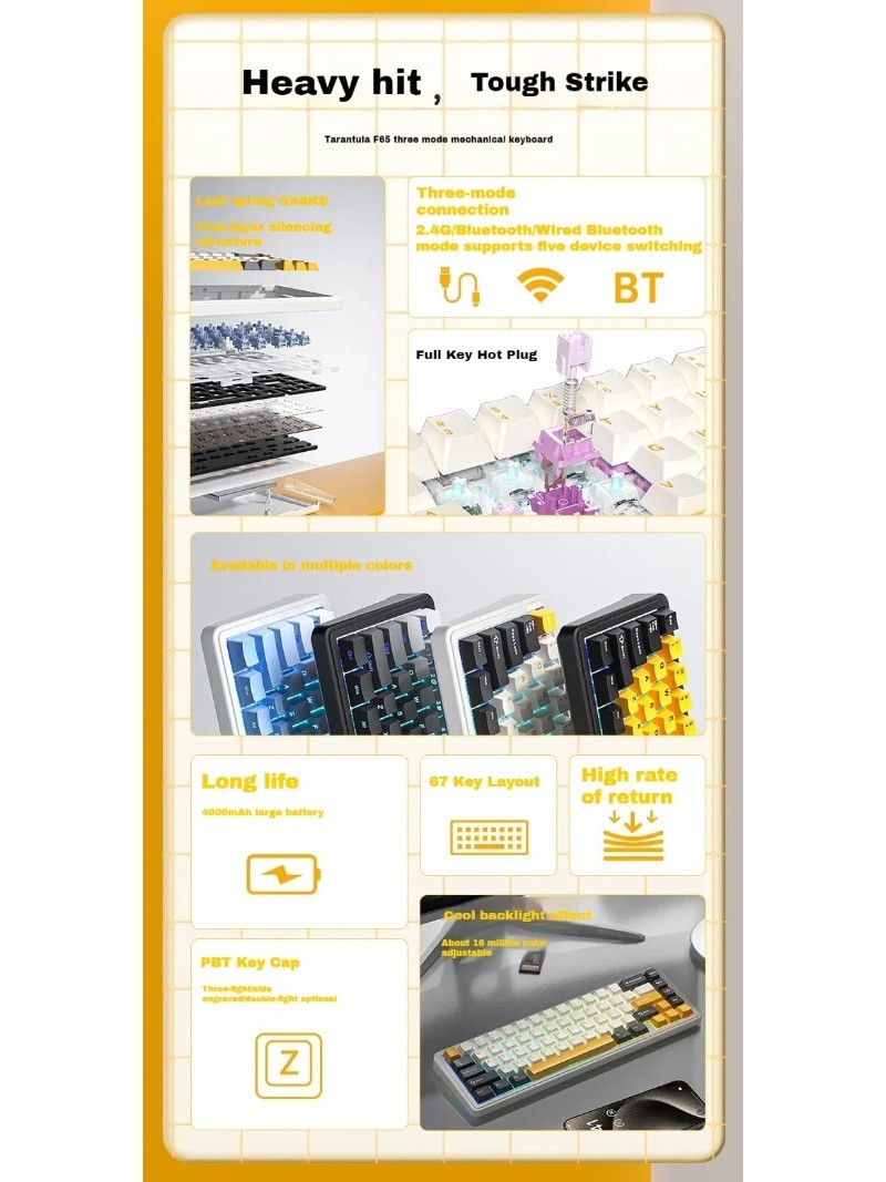 AULA F65 Mechanical Keyboards RGB Easy-swap Bluetooth Cordless Triple ...