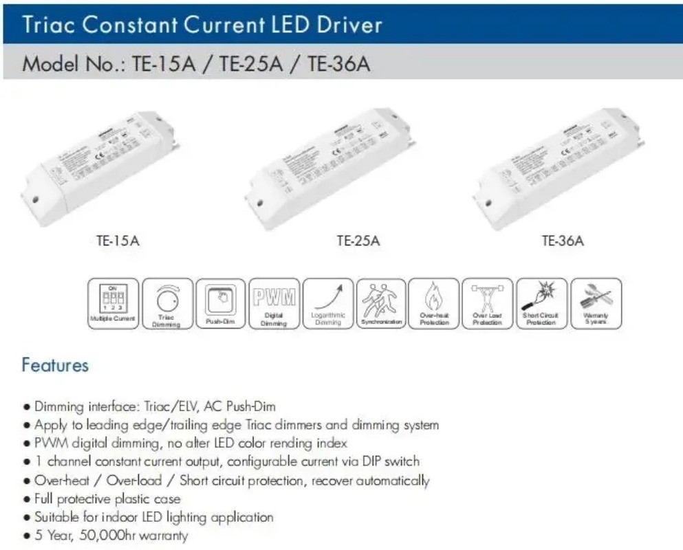 TE-15A/25A/36A Led Triac Dimming Driver 200-240V Input,Output 15-36W 150-1200mA Constant Current ...