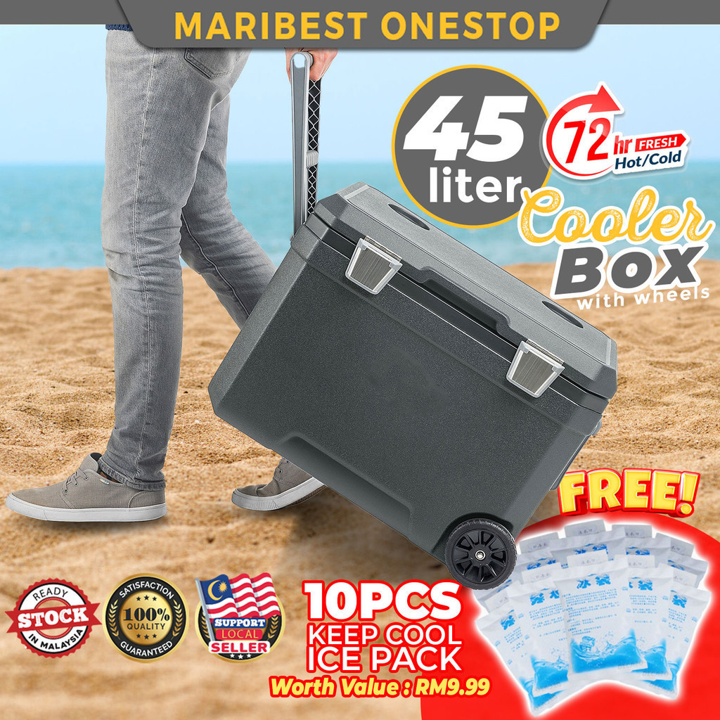 45L BLACK Kotak Ais Batu Memancing Cooler Box with Wheel Portable ...