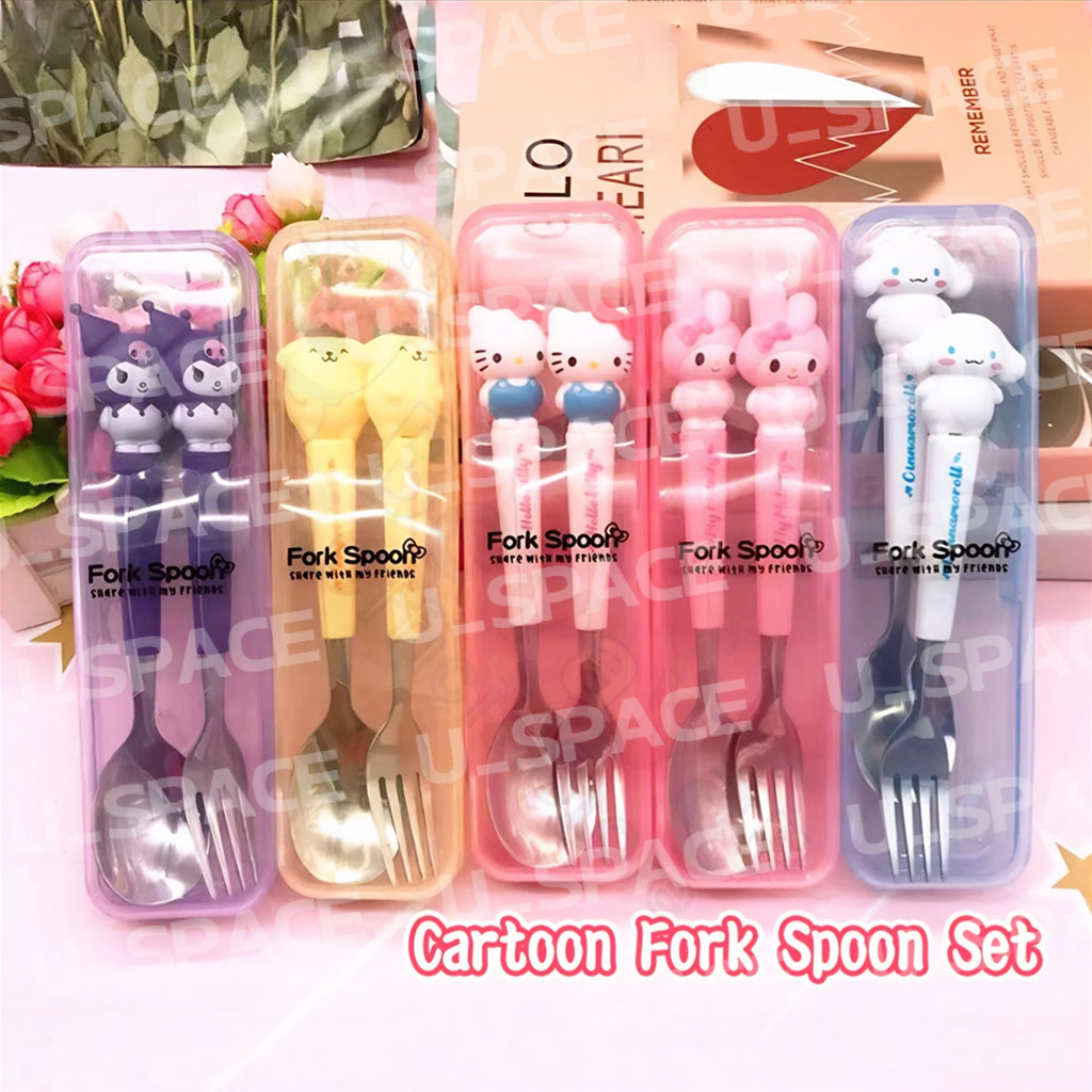 Kuromi Kids Stainless Steel Spoon Fork Set With Box Sanrio Cinnamoroll ...