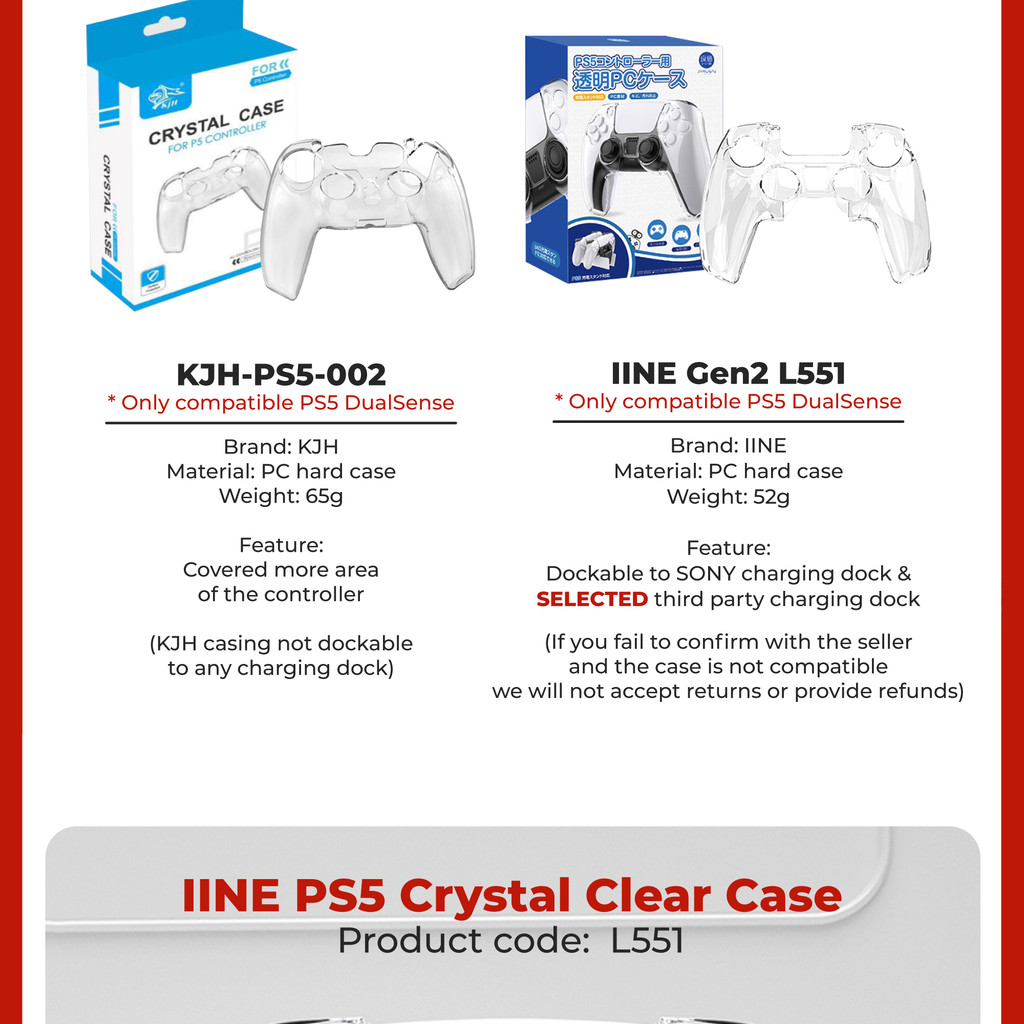 IINE KJH PS5 Controller Crystal Clear Case Transparent Hard Protective ...