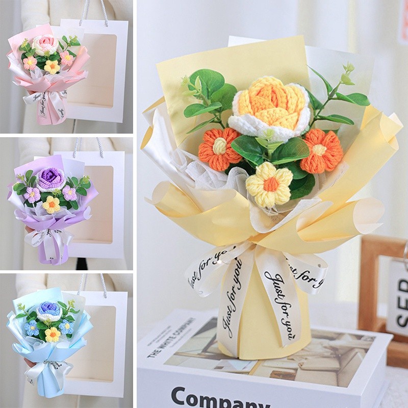 Rose Flower Crochet Bouquet Mother's Day Gift Hand Woven Sunflower ...