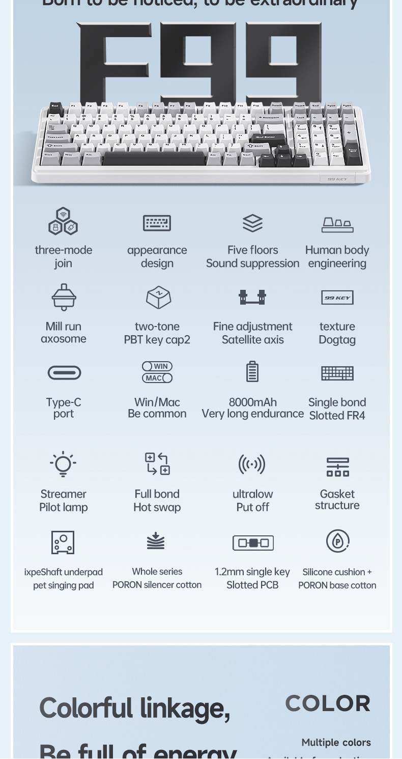 Aula F99 Mechanical Keyboard Gasket PBT Hot Swappable Three Mode 2.4g ...