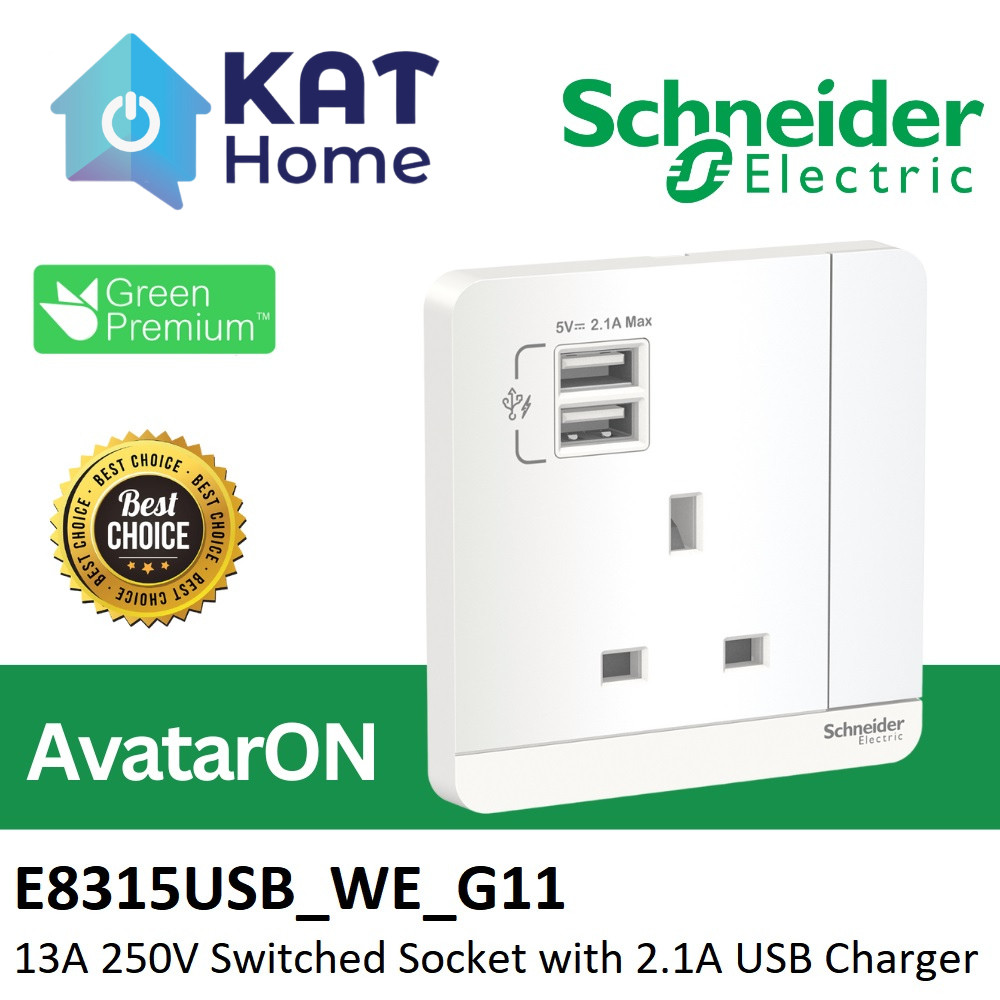 SCHNEIDER ELECTRIC AVATARON SERIES 13A 250V SWITCHED SOCKET WITH 2.1A TWO USB CHARGER, WHITE ...