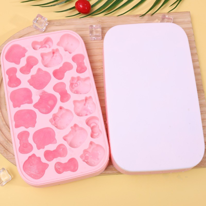Cute Hello Kitty Shape Ice Cube Molds with Lid Soft Silicone DIY Cold ...