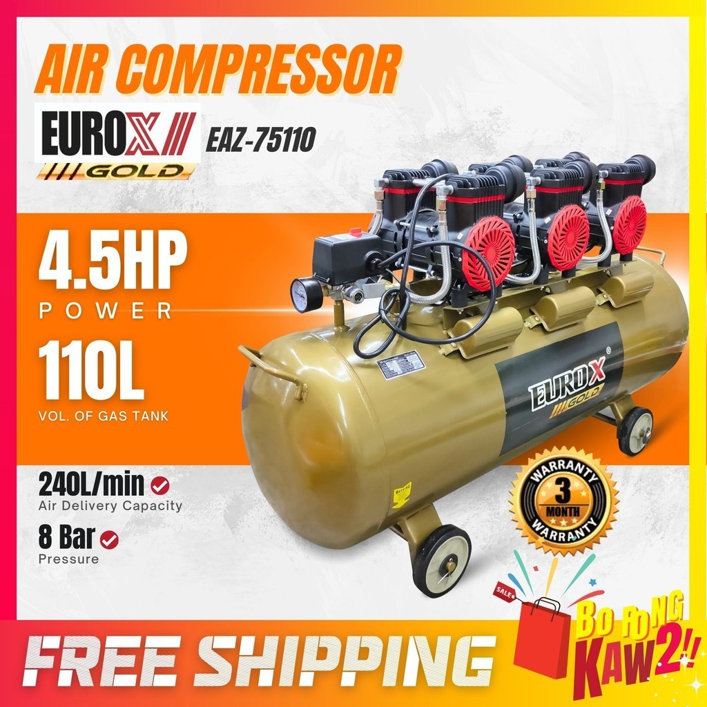 EUROX GOLD Air Compressor 110L 4.5HP 8Bar 230v 2850rpm Oilless Air Compressor Kompressor Angin ...