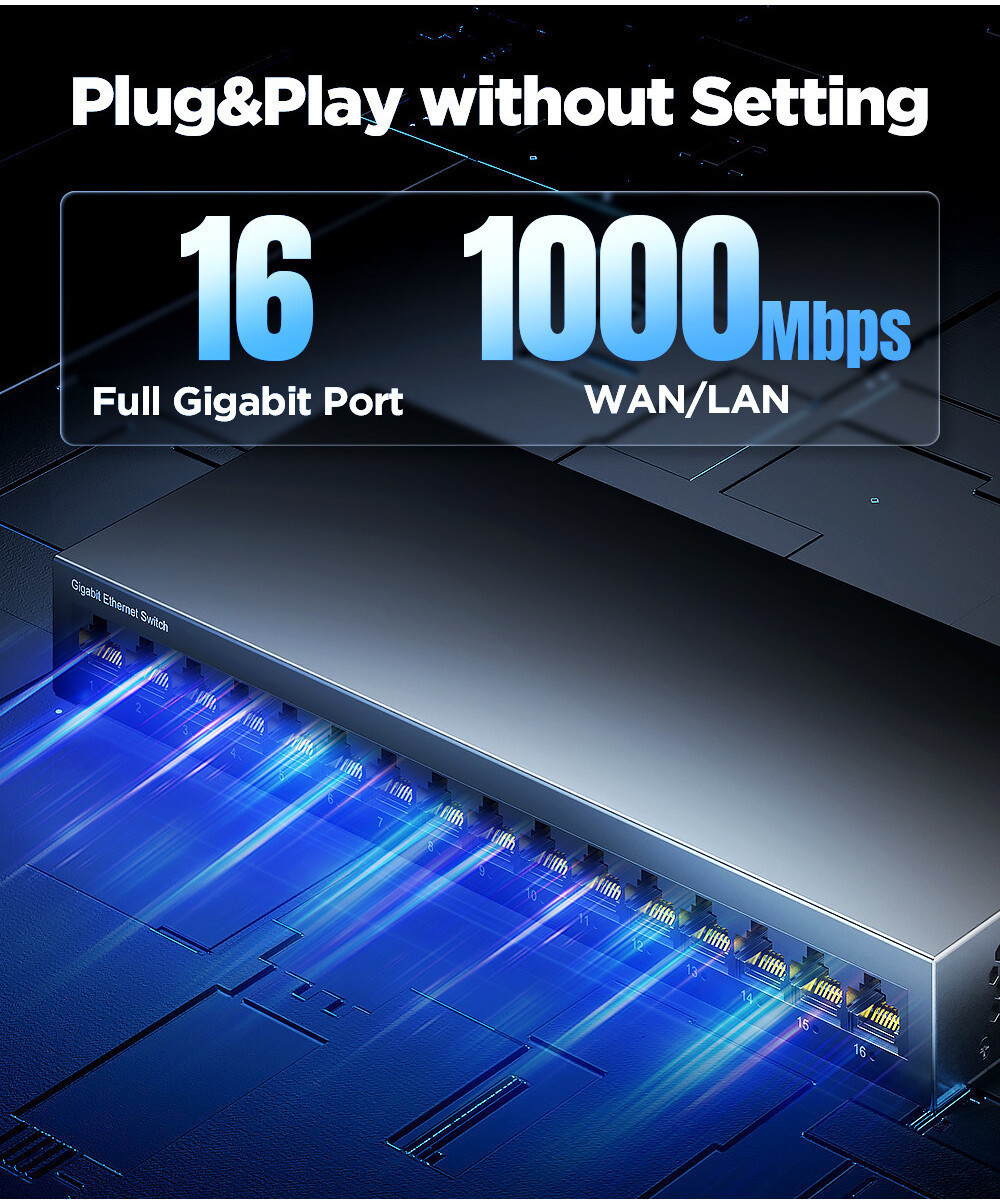 AMPCOM Network Switch 16 Ports Switch Ethernet 1000Mbps Gigabit High ...