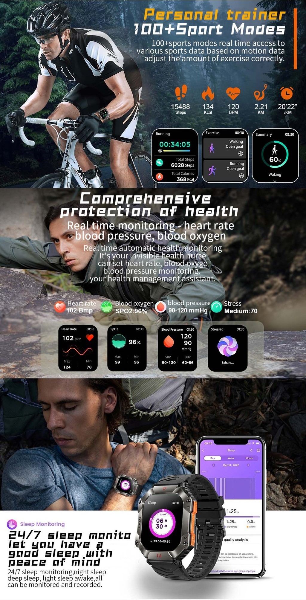 GEJIAN Smart Watch Men GPS Compass Altitude Pressure Military Tactical ...