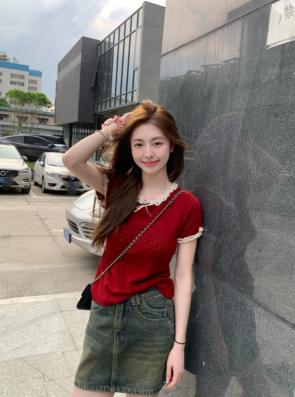 KUMAYES Pure Desire Round Neck Hollow Bow Knitted Short Sleeve Female Korean Version Short ...