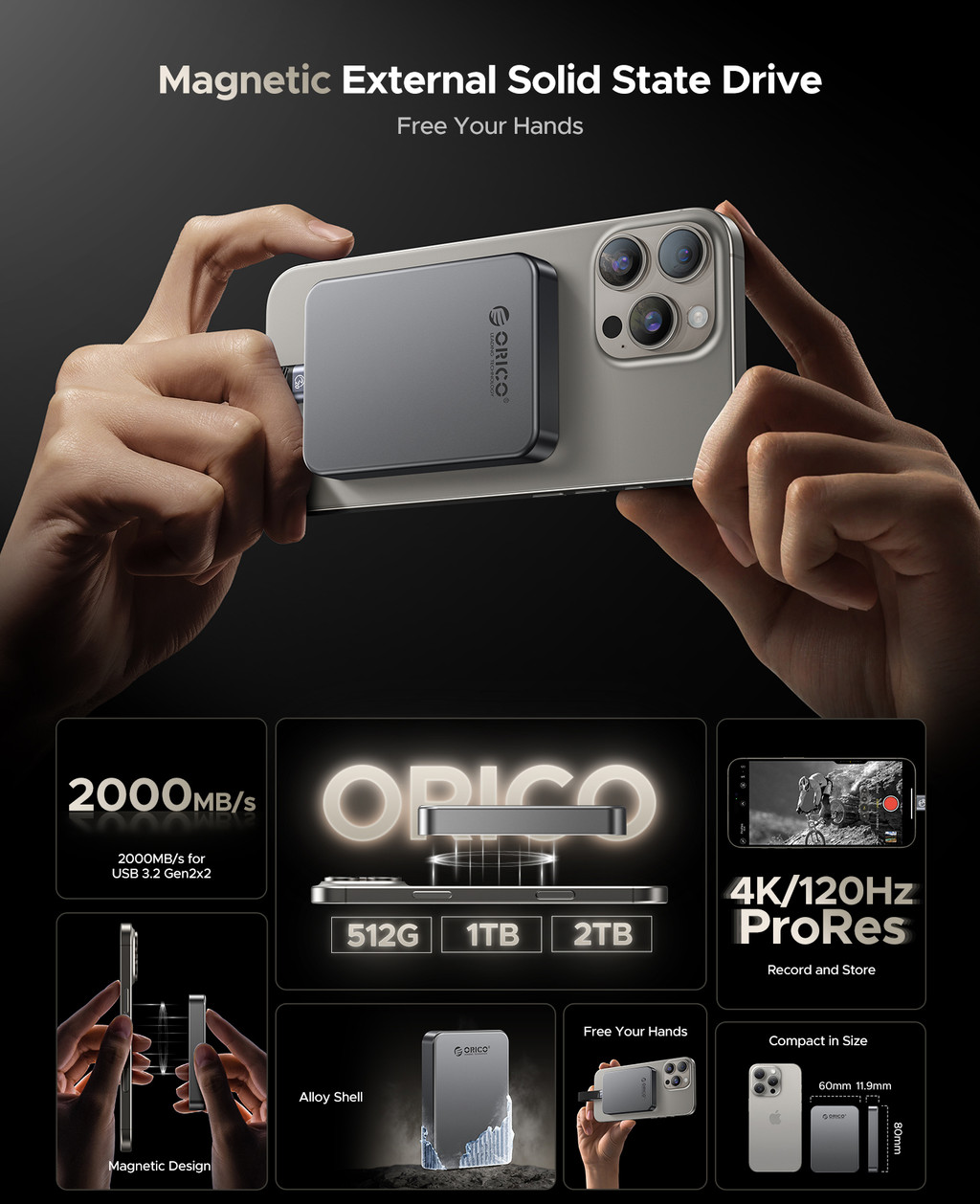 ORICO 1TB Magnetic External SSD 2000MB/s 4K ProRes Video Storage ...